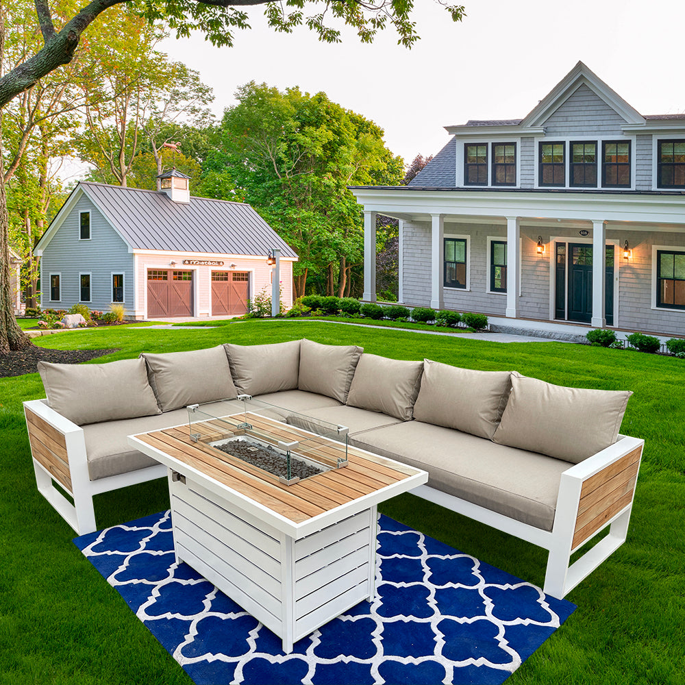 Denver 5-Piece Aluminium Outdoor Patio Fire Pit Seating Set With Acryl ...